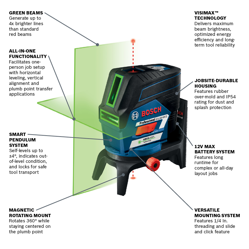 Bosch GCL100-80CG-B 12V Max Green-Beam Connected Cross-Line Laser with ...